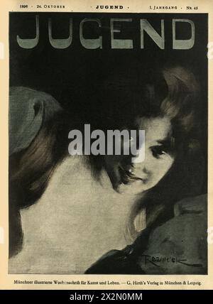 Vintage magazine cover for Jugend, Young woman sat around a table ...