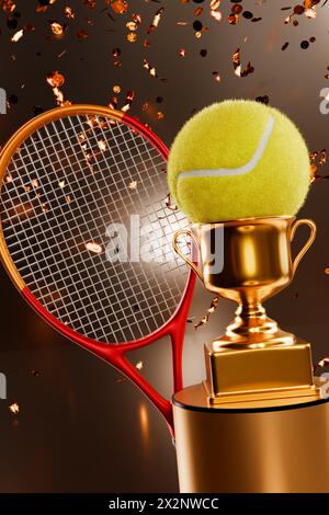 Golden champion cup with tennis racket and balls on the playing court ...