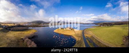 UK, Scotland, Ruthven, Aerial view of Ruthven Barracks and surrounding ...