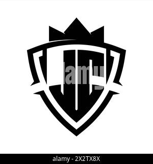 JC Letter bold monogram with triangle curve shield shape with crown white and black background ...
