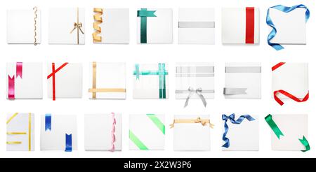 Collage of color ribbons with blank posters on white background Stock ...