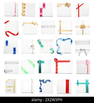 Collage of color ribbons with blank posters on white background Stock ...