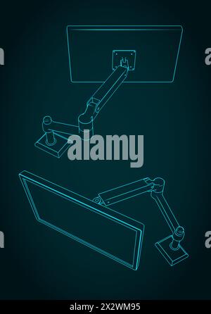 Stylized vector illustrations of blueprints of single monitor arm mount ...