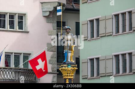 Die Statue auf dem Kolinbrunnen in der Stadt Zug gibt Spielraum für ...