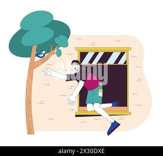 Asian man falling out of window black and white cartoon flat ...