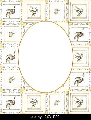 Watercolor tiles frame with olives branch, black olive border ...