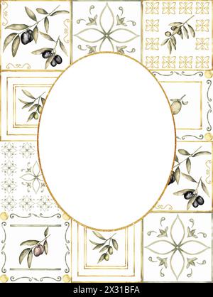 Watercolor tiles frame with olives branch, black olive border ...