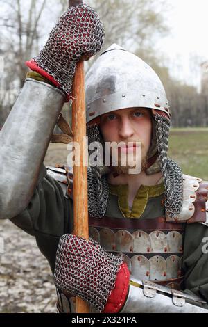 MOSCOW - APRIL 28: East warrior with shield and sword on Maneuvers East ...