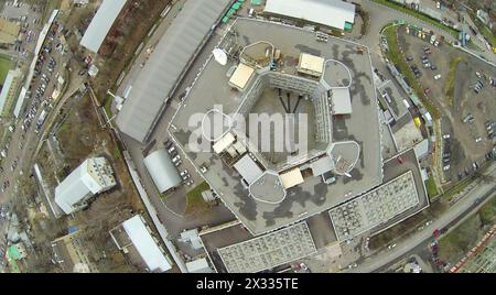 Above view of pentagon shaped building. View from unmanned quadrocopter ...