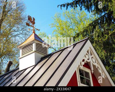 Copper rooster weathervane and cupola on red shed or barn with dark ...