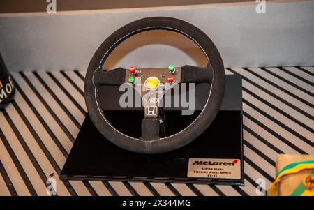 04/23/2024 Turin (Italy) Ayrton Senna's Mizuno and Diadora boots shown ...