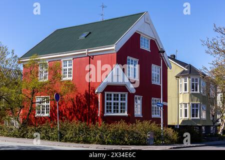 Traditional Icelandic residential building with gable roof, white ...