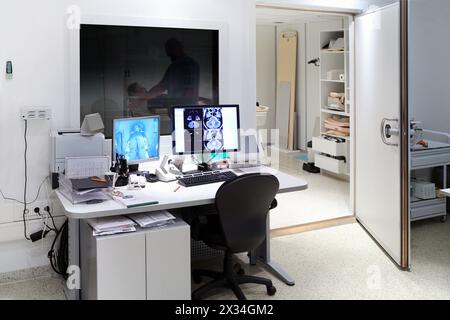 Interior of X-ray control room with all necessary computer equipment ...