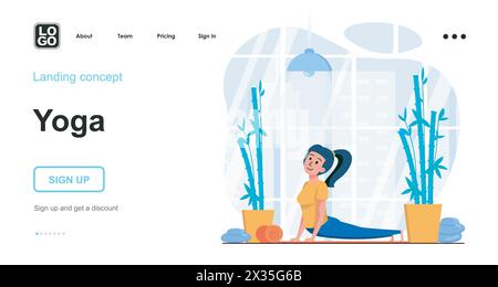 Yoga web concept. Young girl performs asanas in training, takes care of ...