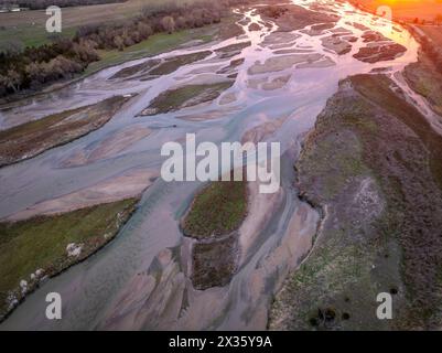 springtime sunrise over Platte River, crane viewing deck and plains ...