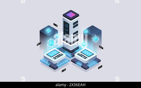 Isometric big data flow processing concept, database. Abstract technology background. Vector ...