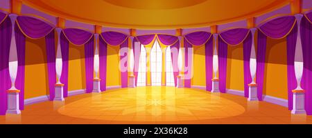 Castle ballroom interior. Purple palace hall cartoon background. Royal ...