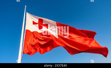 Die Fahne von Tonga, Pazifikinselstaat, flattert im Wind, isoliert ...