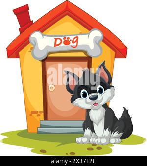 Cute animated puppy sitting by its colorful house Stock Vector Image ...