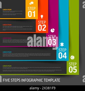 Vector Five simple slips of paper as steps progress template with descriptions and icons ...