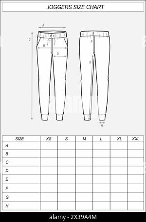 Technical flat sketch illustration of jogger pants front and back view ...