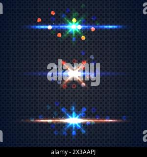 Realistic vector glowing lens flare light effect with stars and sparkles bursts on transparent ...
