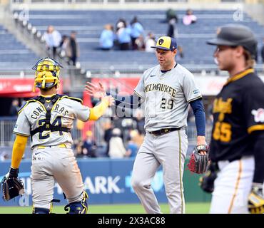 Milwaukee Brewers pitcher Trevor Megill (29) celebrates a win against ...