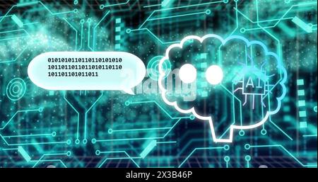 Image of robot, binary codes in speech bubble, dynamic wave and circuit board pattern Stock ...