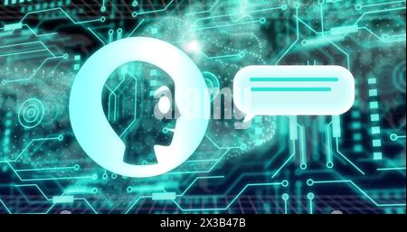 Image of robot, binary codes in speech bubble, dynamic wave and circuit board pattern Stock ...