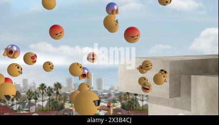 Digital image of multiple face emojis floating against white background ...