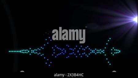Image of moving sound wave with lens flare against black background ...