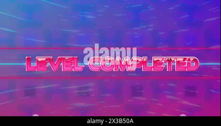 Image of level completed text and shapes over light spots on black ...