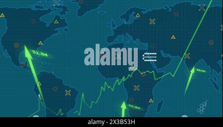 Image of blue graph with upward arrows and data processing over blue ...