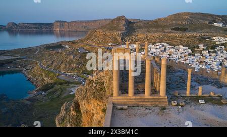 Drone shot, first morning light, Lindos, Acropolis of Lindos, Propylaea ...