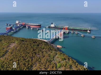 YANTAI, CHINA - APRIL 25, 2024 - A very large oil tanker, assisted by a ...