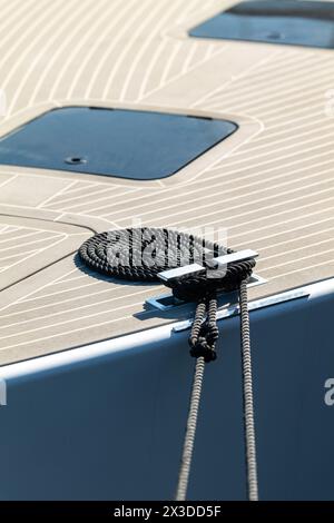 The bow of a beautiful powerboat with nice clean lines showing the deck ...