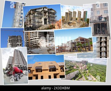Collage with high-rise buildings, construction work site, workers and ...