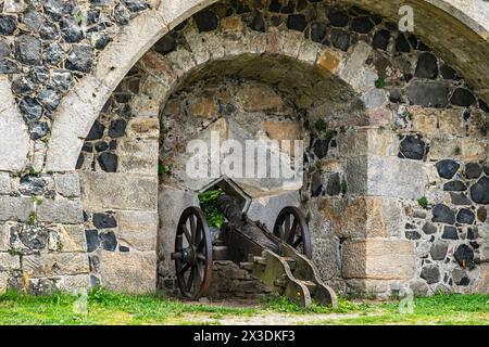 Historical artillery at the fortification wall of Stolpen Castle on the ...