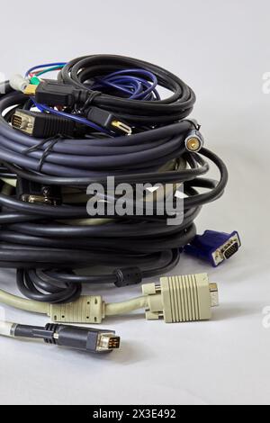 closeup of HDMI port and black cables in the background with white ...