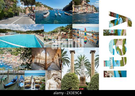 Collage with sunny Italy views of Ceriale, Portofino, Liguria, Genoa ...