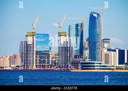 Baky skyline view from Baku boulevard or the Caspian Sea embankment ...