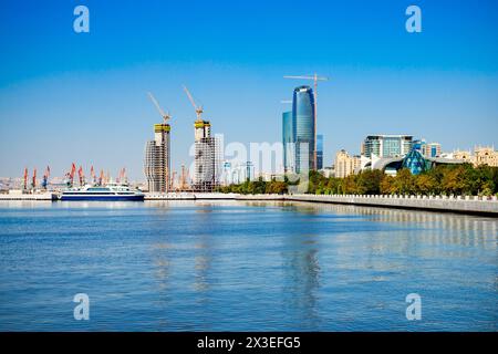 Baky skyline view from Baku boulevard or the Caspian Sea embankment ...
