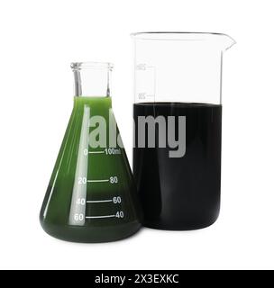 Beaker and flask with different types of crude oil isolated on white ...