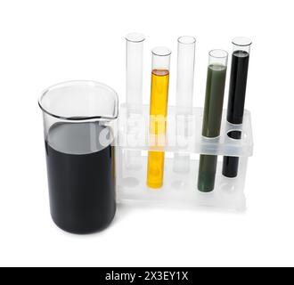 Beaker and test tubes with different types of oil isolated on white ...