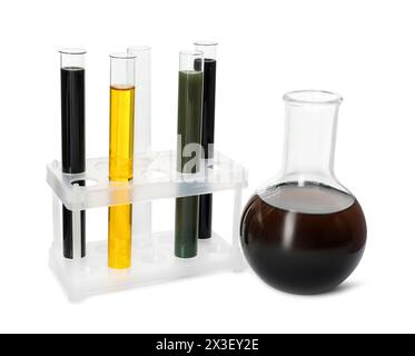 Test tubes and flask with different types of oil isolated on white ...