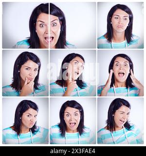 Funny, composite and women in studio with silly, goofy and comic face ...