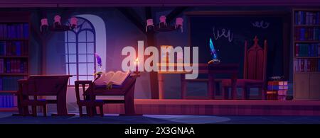 Magic school classroom interior at night. Vector cartoon illustration ...
