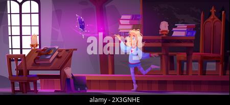 Magic wizard school interior with kid girl witch in hat and with broom ...
