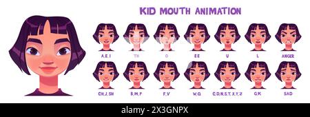 Kid girl mouth animation kit. Cartoon vector illustration set of female ...