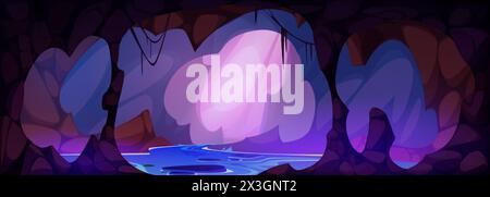 Dark mystery cave with underground lake or river and pink light through ...